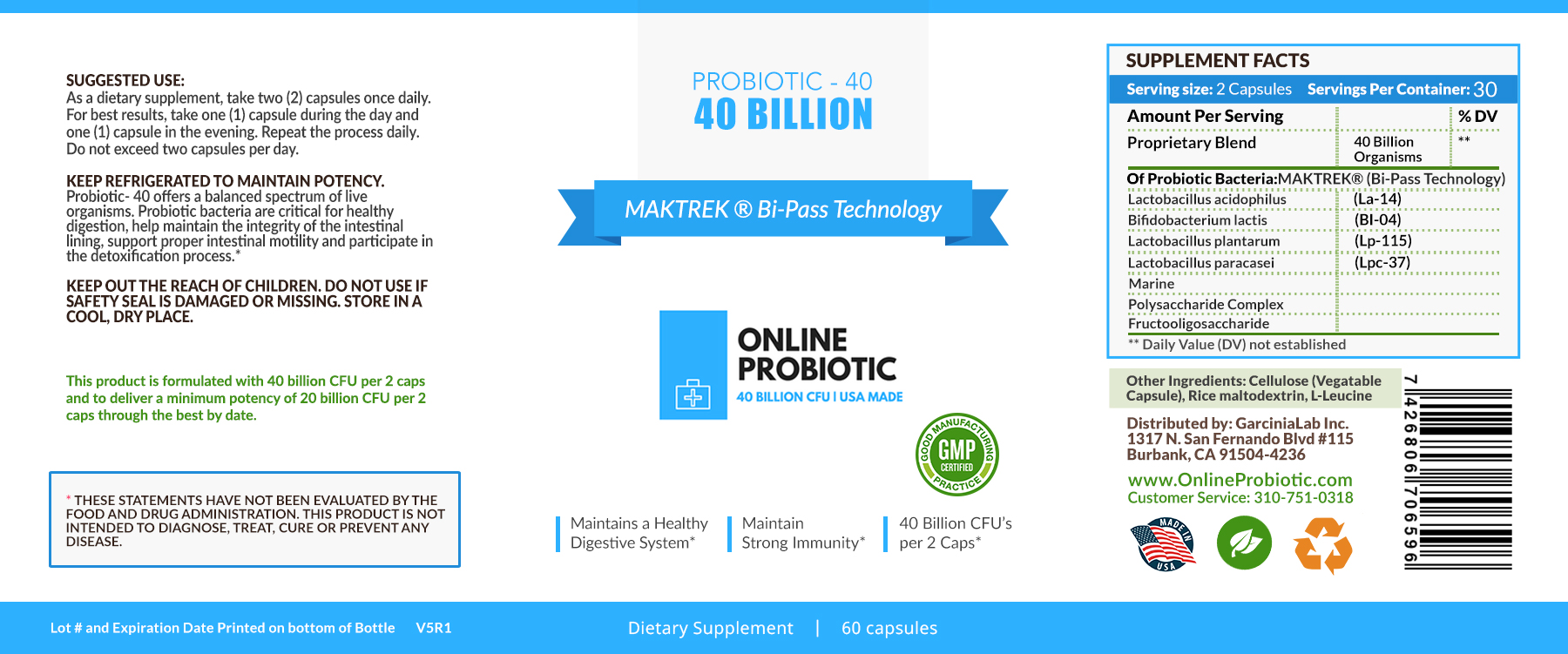 Probiotic 40 Billion CFU's 7 Strain Bacteria USA Patented Best Selling ...